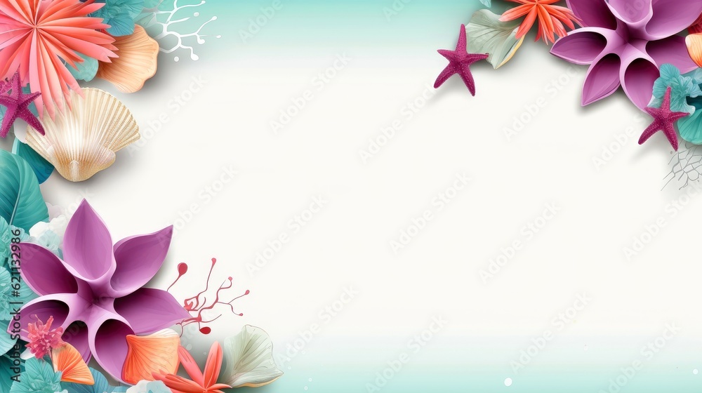 Sea elements card template, beach background design with border frame ...