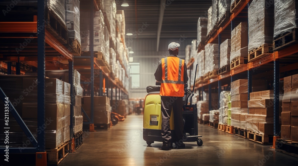 Logistics worker reading a clipboard while moving goods with a pallet ...