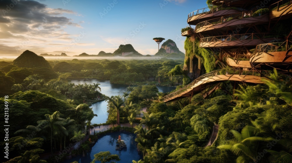 World inspired by the Amazon rainforest, with lush greenery, exotic ...