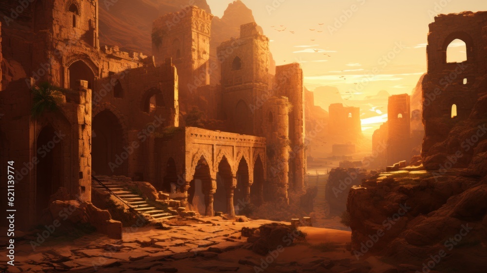 Ancient city buried deep within a desert or underwater realm. Depict ...