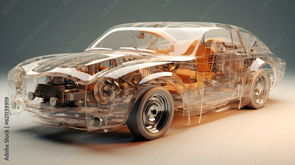 transparent car engine concept. Crystal Clear Power engine futuristic ...