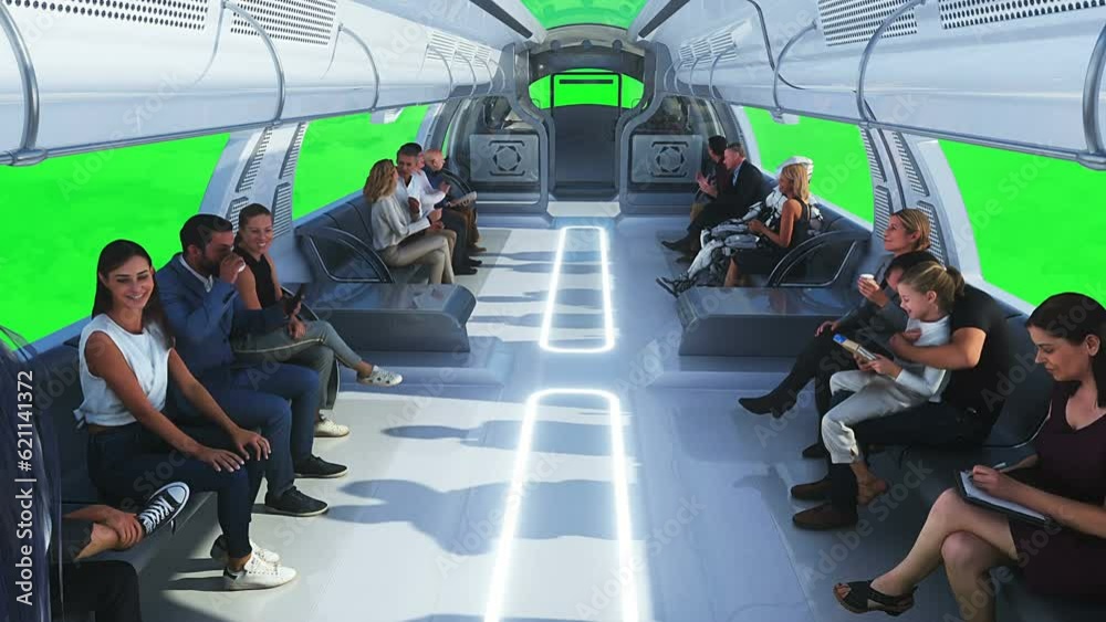 3d people and robots. Flying passenger train. Utopia. concept of the ...