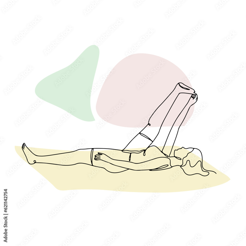 Single line drawing of a girl in reclined big toe yoga pose with ...