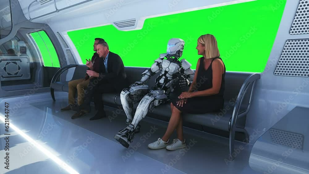 3d people and robots. Flying passenger train. Utopia. concept of the ...