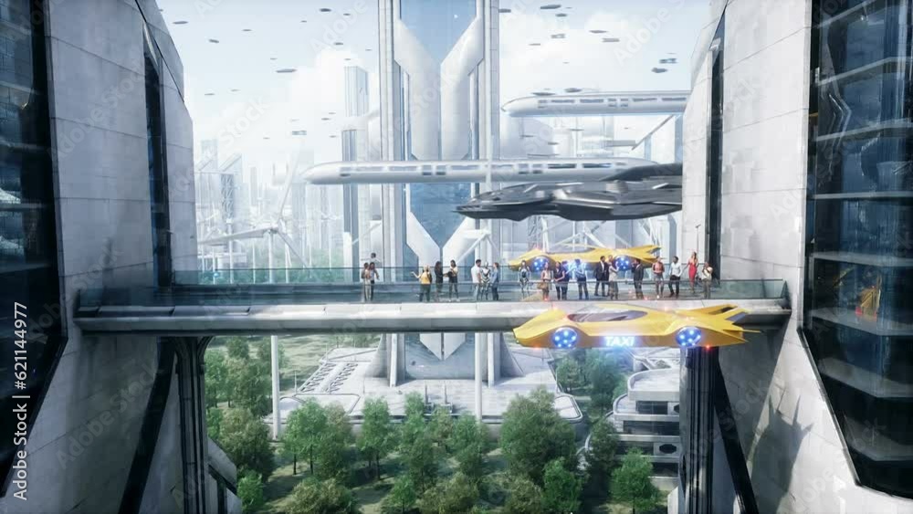 Futuristic city. 3d people and robots. Future concept. Realistic 4k ...
