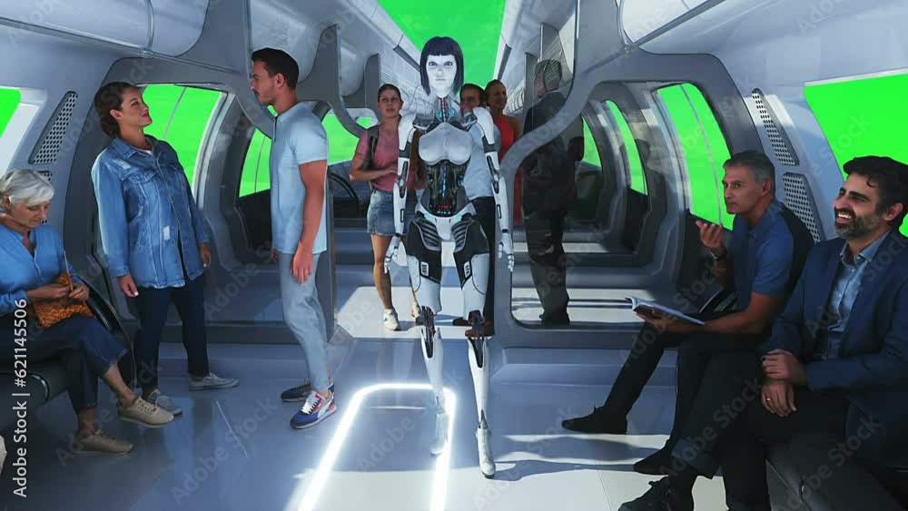 3d people and robots. Flying passenger train. Utopia. concept of the ...