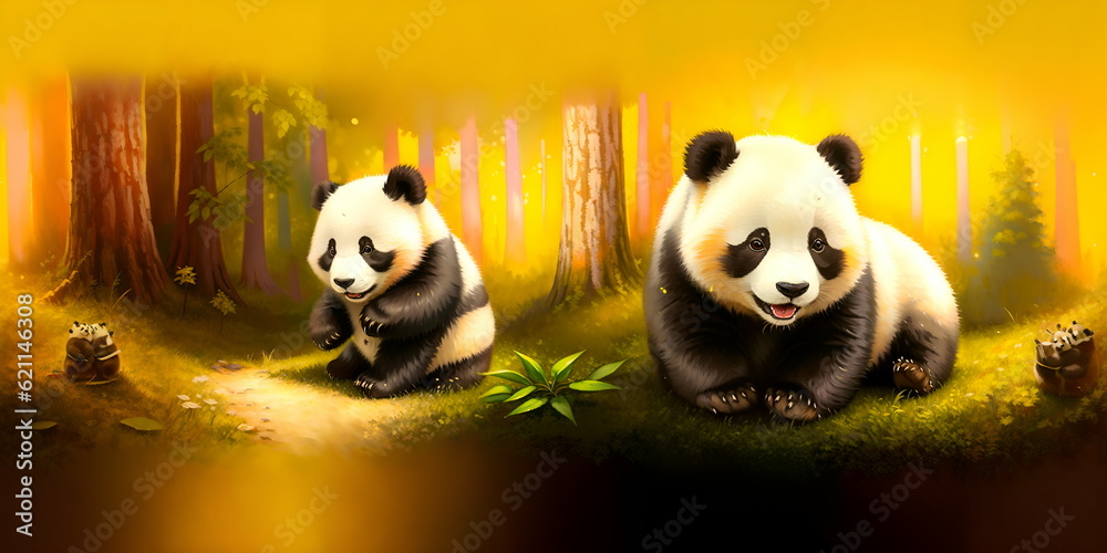 giant panda eating bamboo | pandas in the woods with a yellow ...