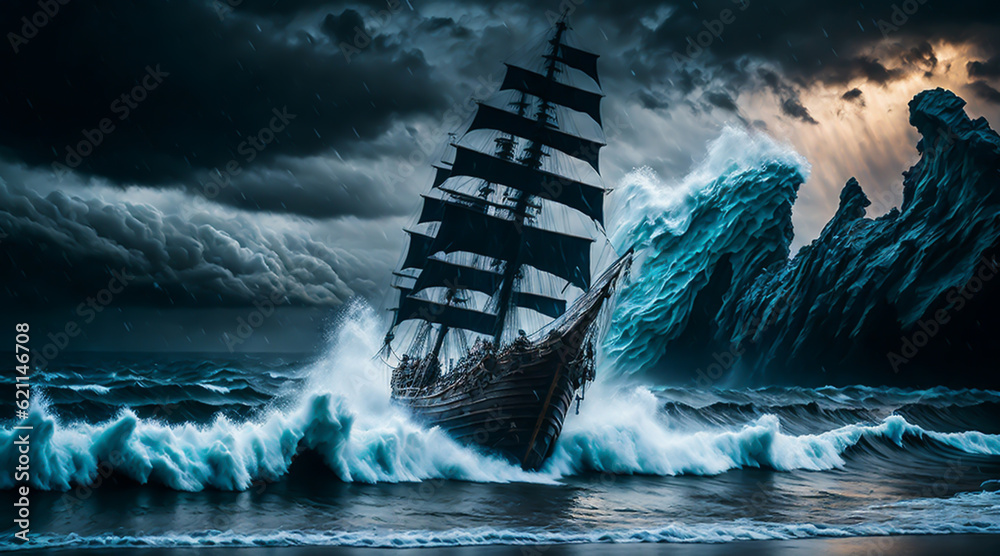 Storm rages and the waves crash around it, the pirate ship stands tall ...