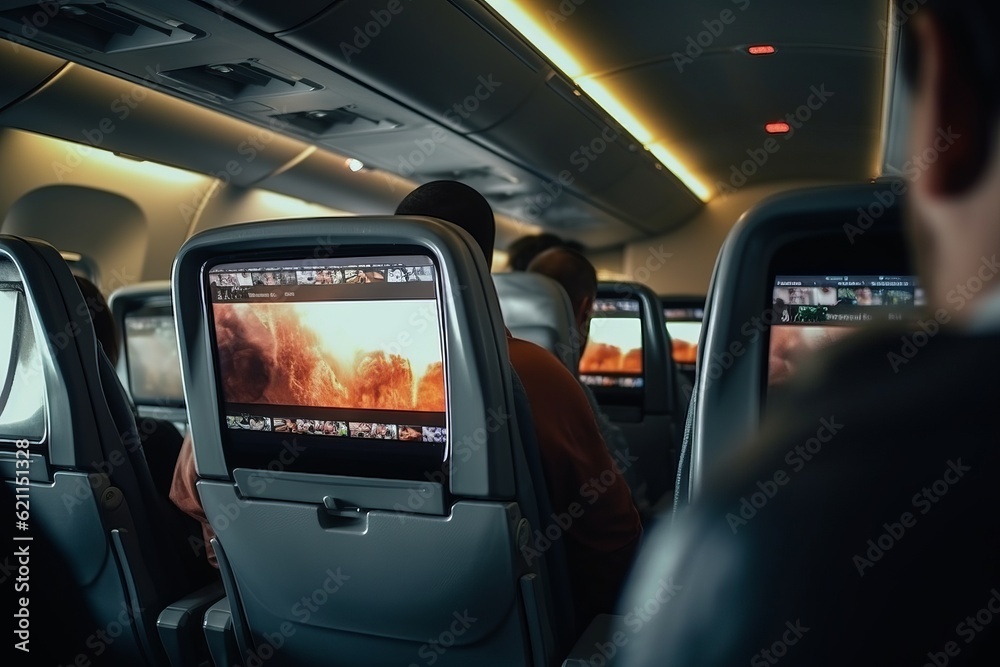 Passengers flying coach on a commercial flight with built in tv screens ...