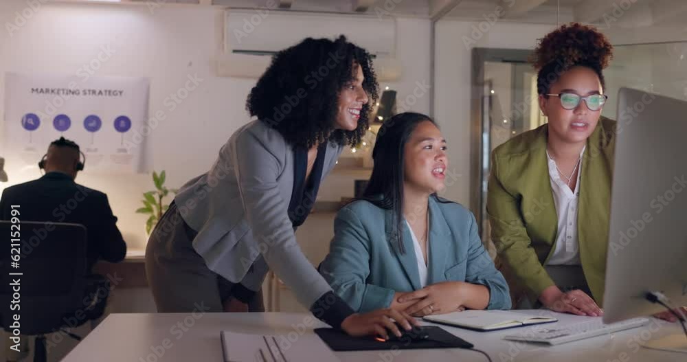 Computer, collaboration and business women talking in office while ...