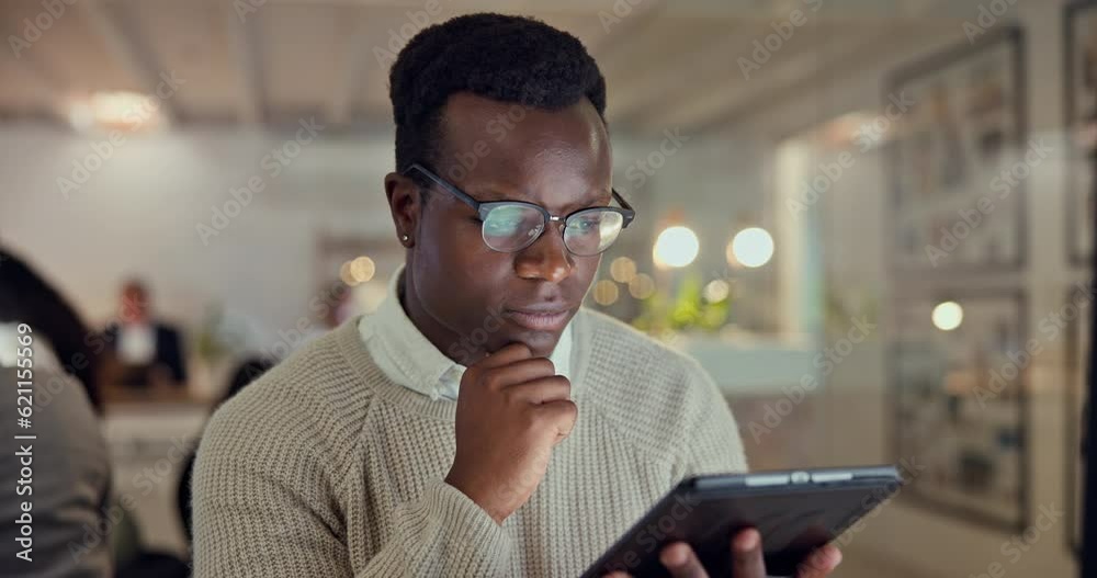 Tablet, thinking and business man on computer for digital marketing ...