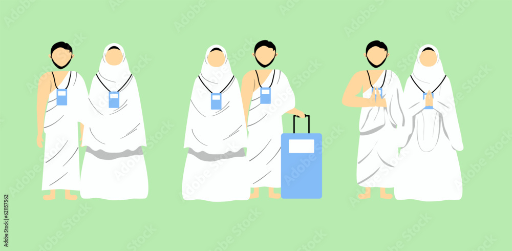 Set of Muslim Family Faceless Wearing Ihram, Islamic Pilgrimage (Hajj ...
