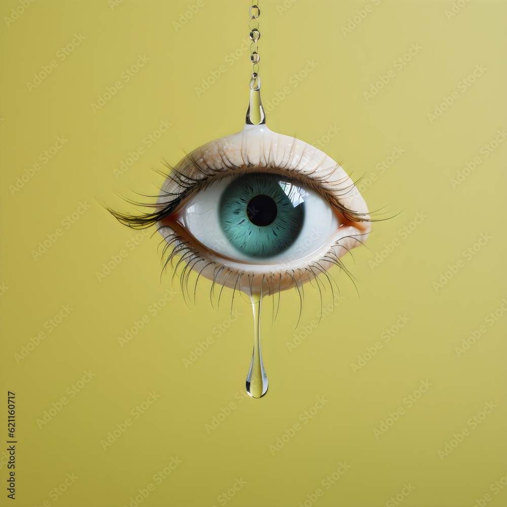 abstract blue eye with teardrops concept art isolated on plain yellow ...