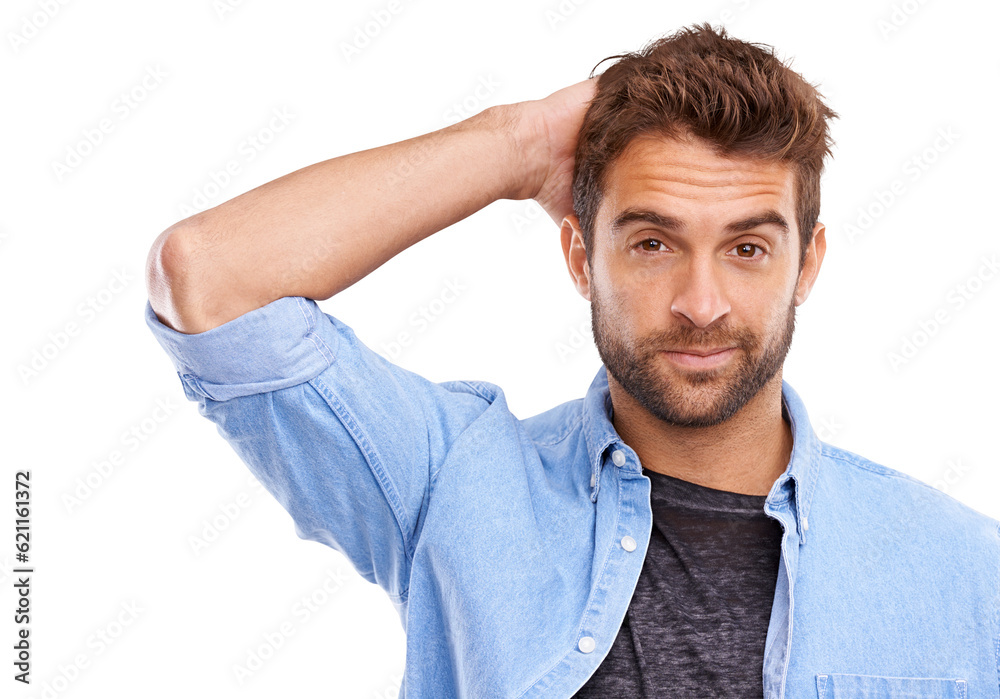 Man, unsure and head scratch with doubt in portrait, casual clothes and ...