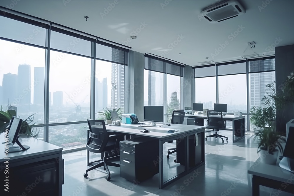 Daytime office space with row of working office table and work station ...