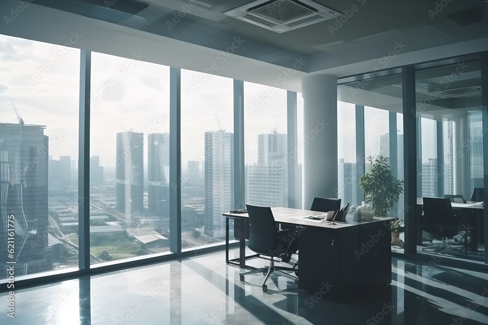 Foto de Daytime office space with row of working office table and work ...