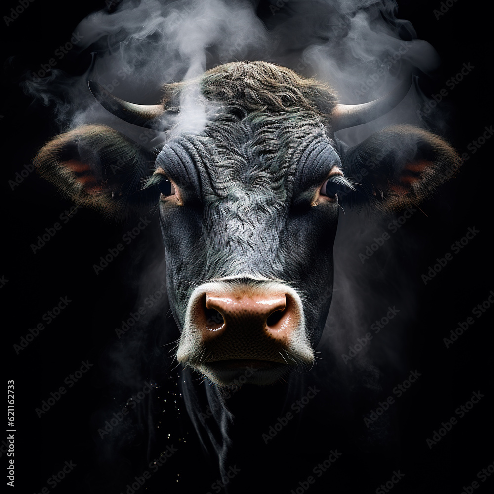 Image of a cow face with fire smoke on black background. Farm animals ...