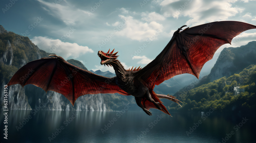 red dragon flying over water and mountain landscape with wings spread ...