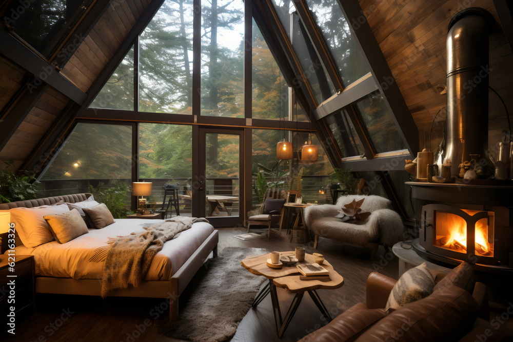 triangle glass cabin in the woods, travel holiday accomodation made ...