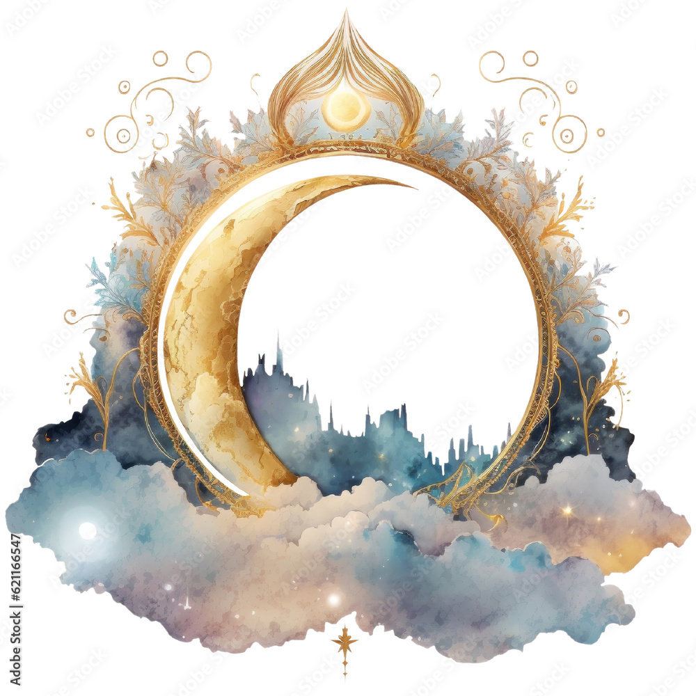 Celestial gold frame with clouds and crescent, Night sky watercolor ...