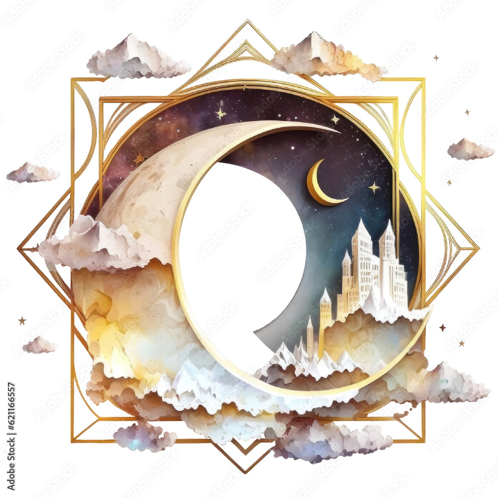 Celestial polygonal gold frame with crescent, clouds and sky city ...