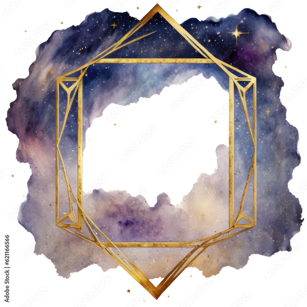 Celestial gold polygon frame with clouds, Night sky watercolor ...