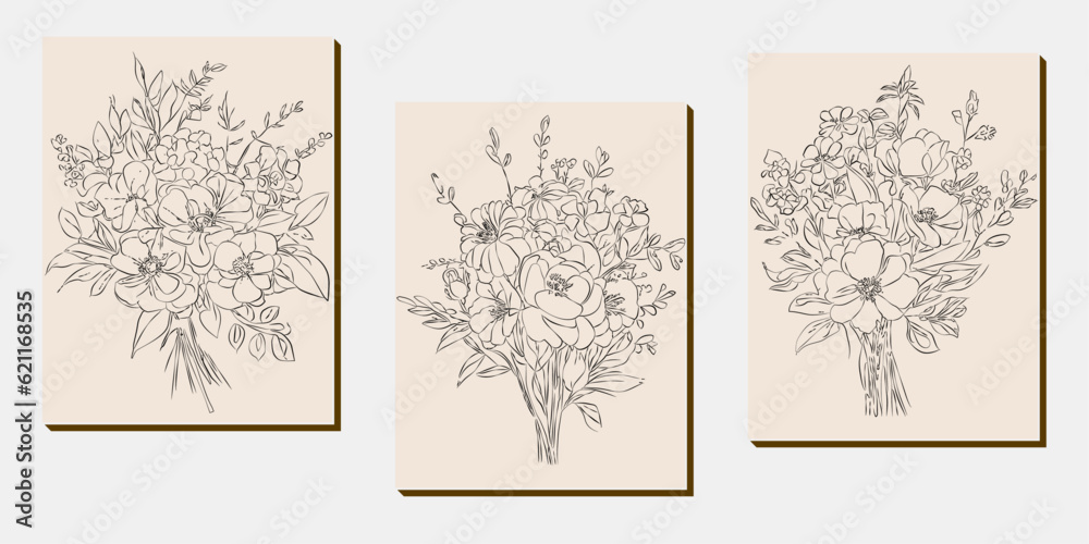 Flower bouquet line art, black and white floral set collection bundle ...