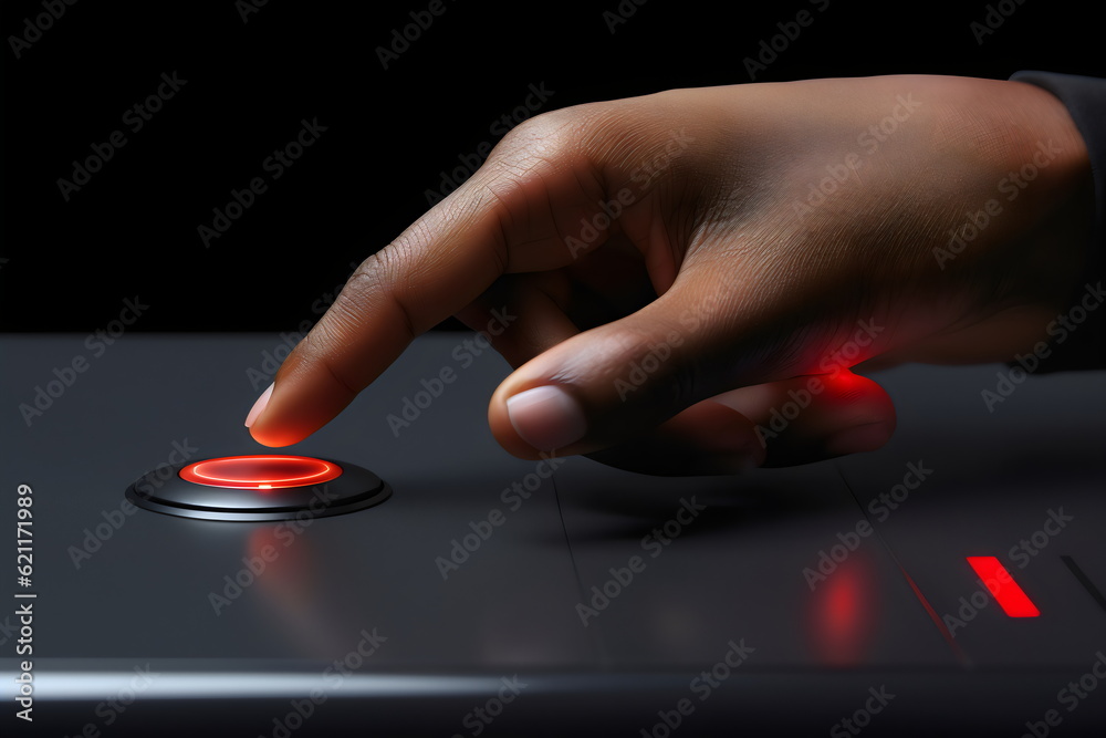 poc hand pushing glowing red button on metal surface, made with ...
