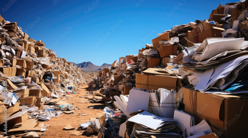 Cardboard waste pile stacked on a landfill. Recycled paper or reuse ...