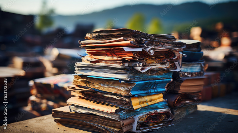 Cardboard waste pile stacked on a landfill. Recycled paper or reuse ...