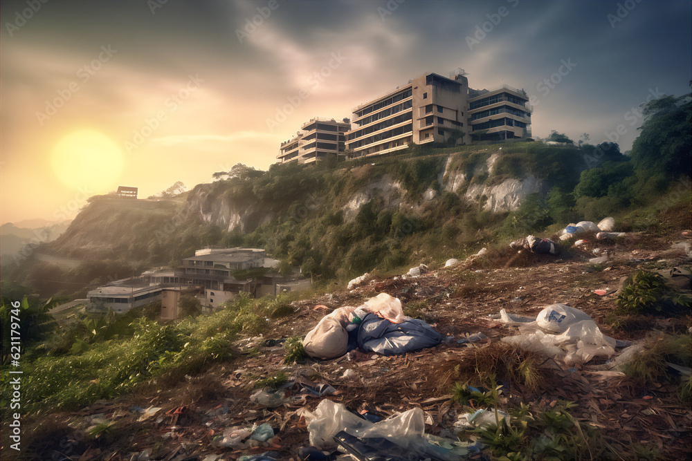 Hotel resort building standing on cliff with meadow covered with piles ...