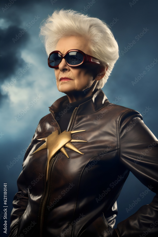 elderly female superhero grandma in black costume with gold heart crest ...