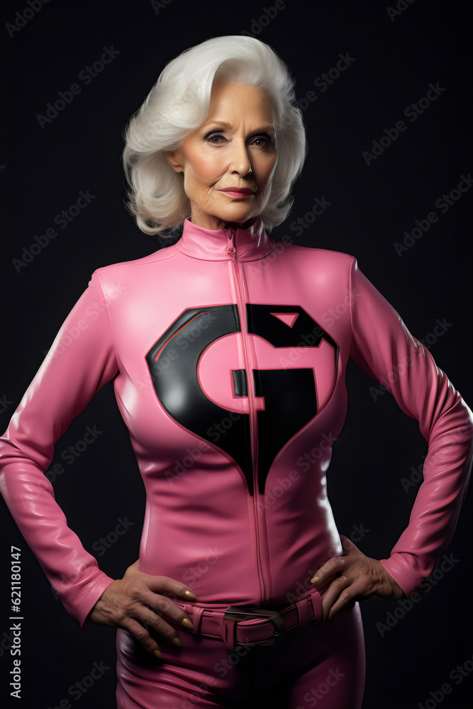 mature female superhero gran in pink costume with G logo isolated on ...