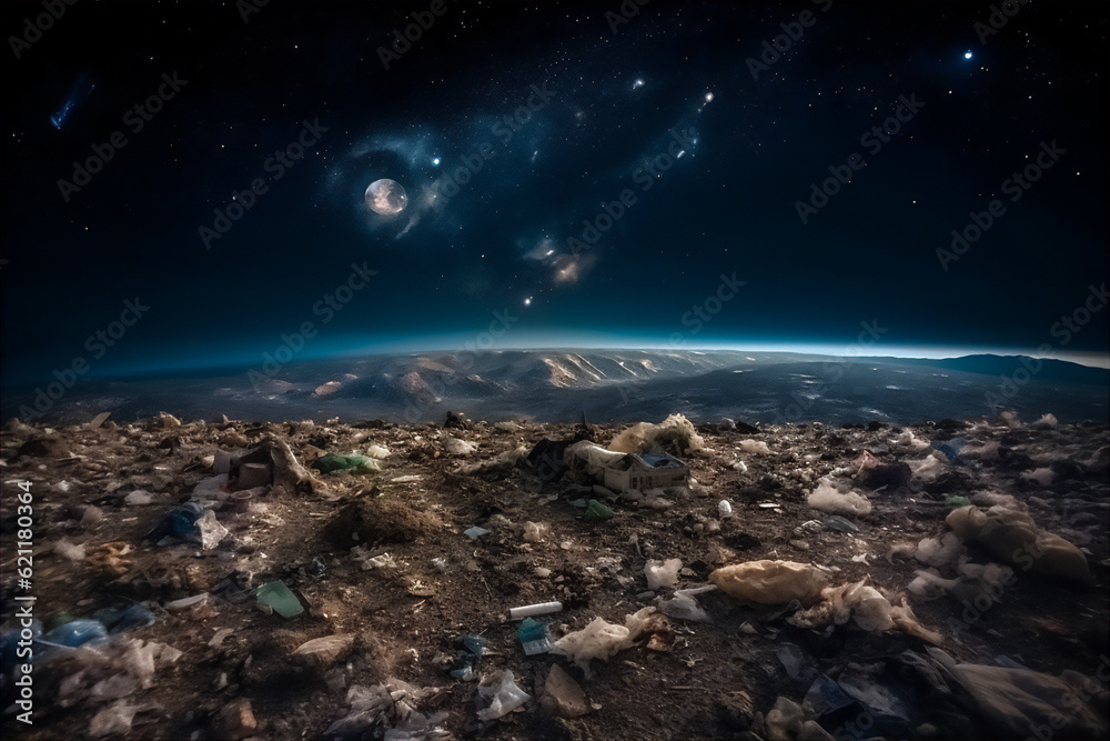 Enormous garbage pile reaching outer space showing pollution problems ...
