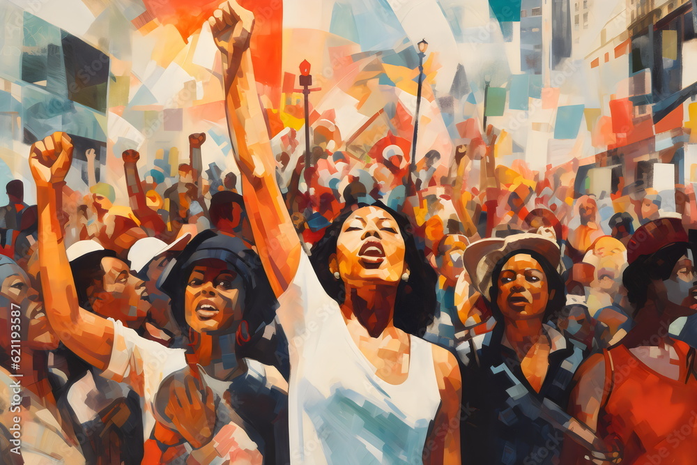 protesting people in the street with raised fists, colorful painting ...