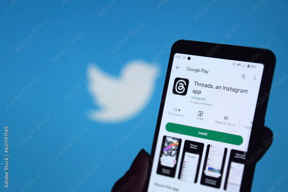 Threads app logo seen on screen. The new application by Meta Platforms ...