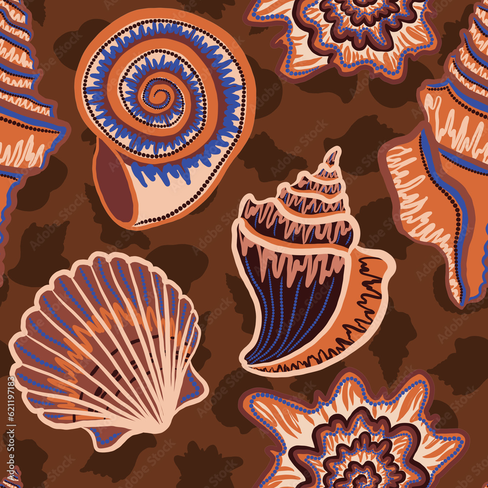 Seamless pattern with seashells and starfishes in pastel color palette ...