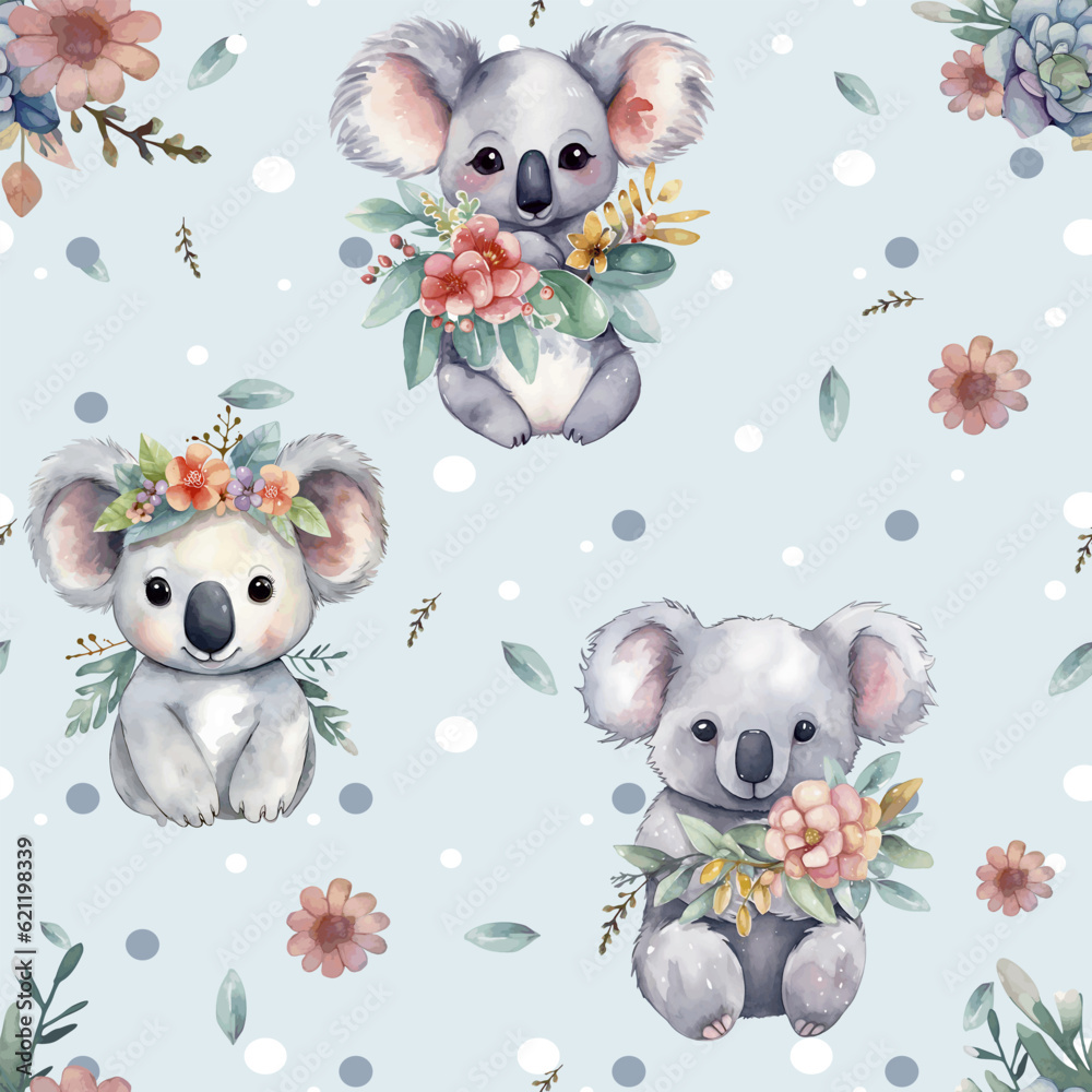 Pattern of cute koalas in hats. Pattern for children's clothes. Cartoon ...