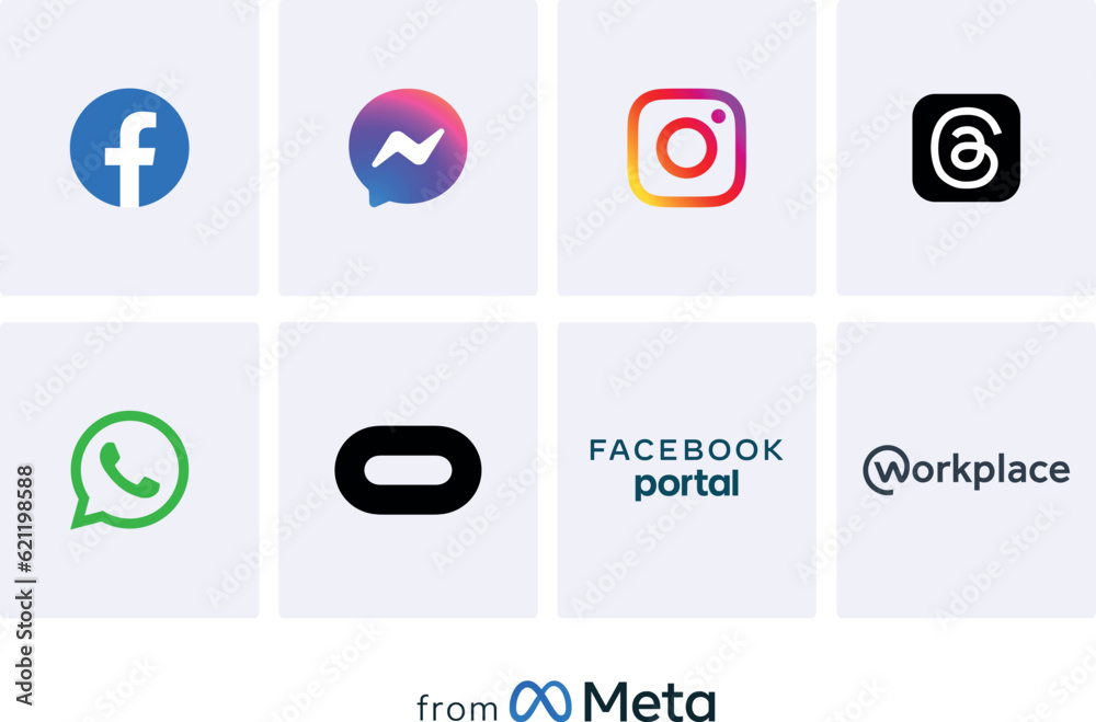 Meta apps social media icons set logos facebook, instagram, threads ...