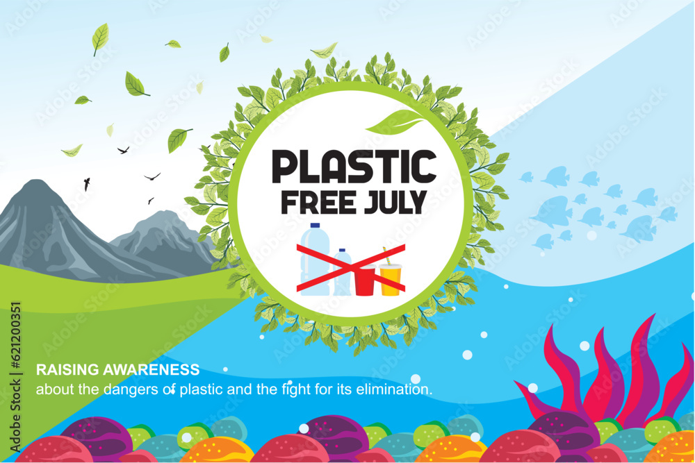 Plastic free july background banner poster and card design template ...