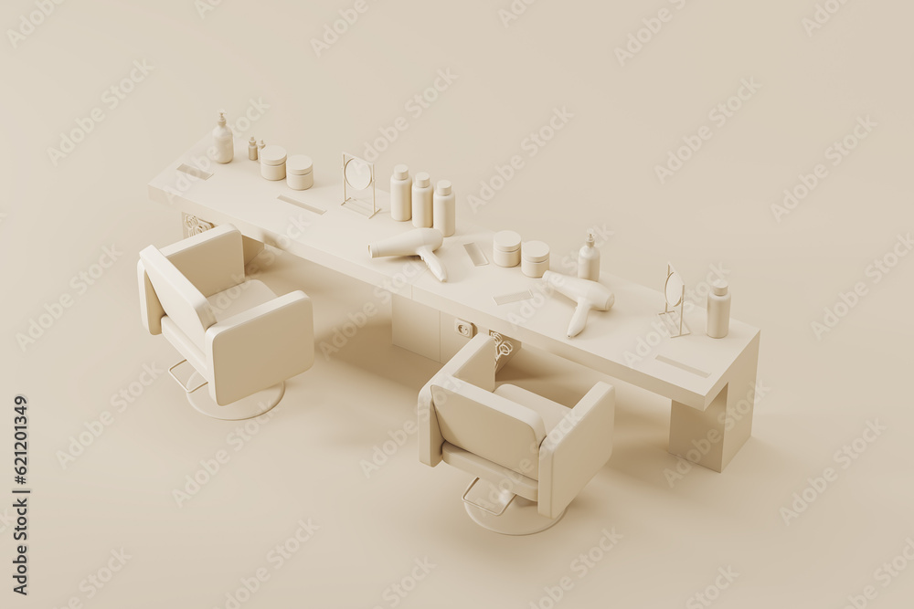 Top view of beige salon interior with seats and attributes on long ...