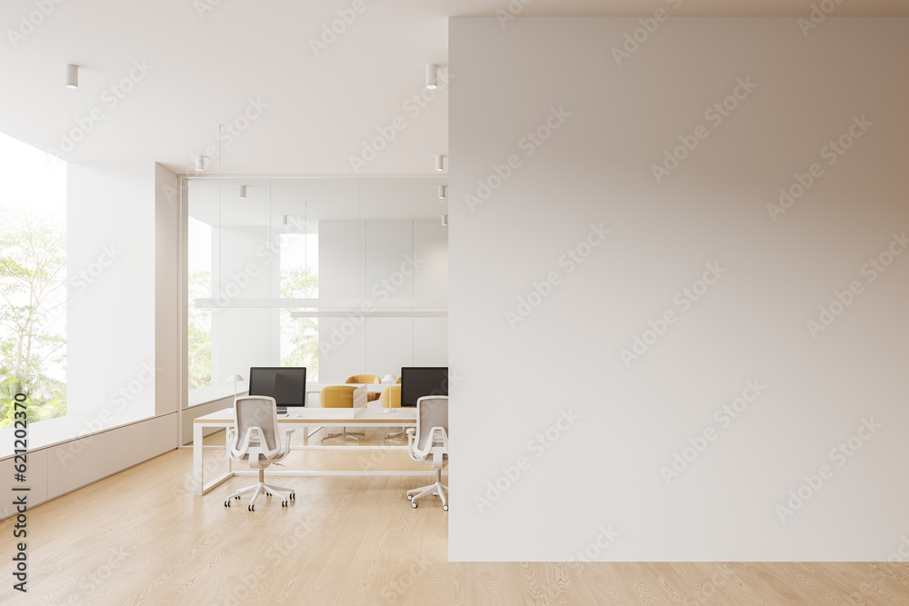 Office interior with workplace and glass meeting room, window. Mockup ...