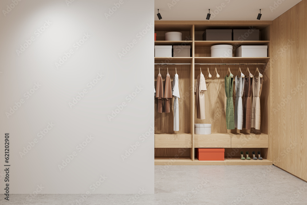 Modern wardrobe interior clothes hanging on rail, mock up wall Stock ...