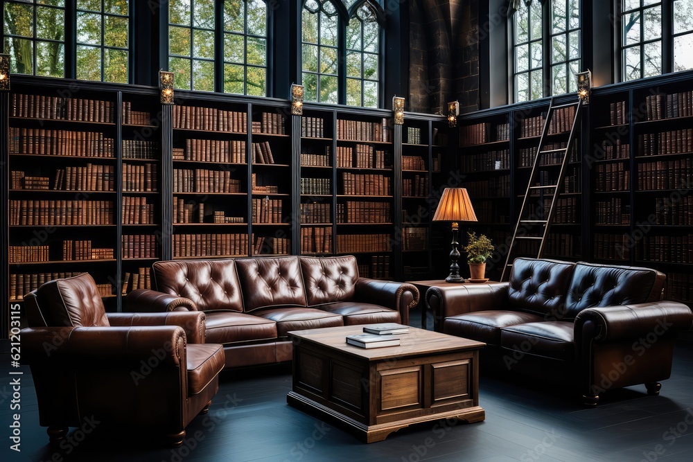 An interior shot of the castle's library, filled with rows of ...