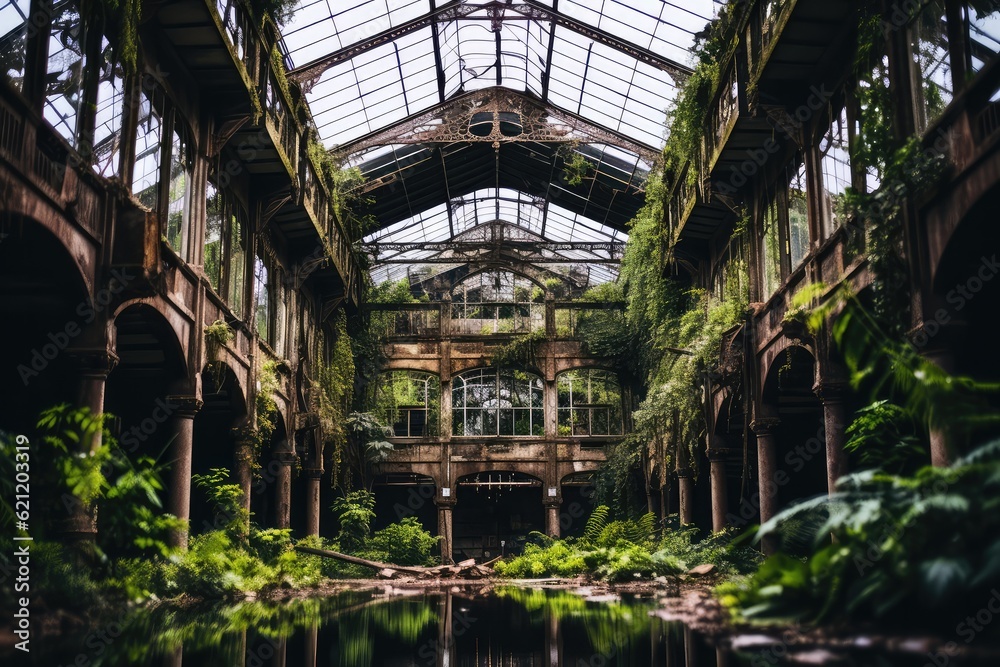 A photograph of an empty and decrepit swimming pool, with cracked tiles ...