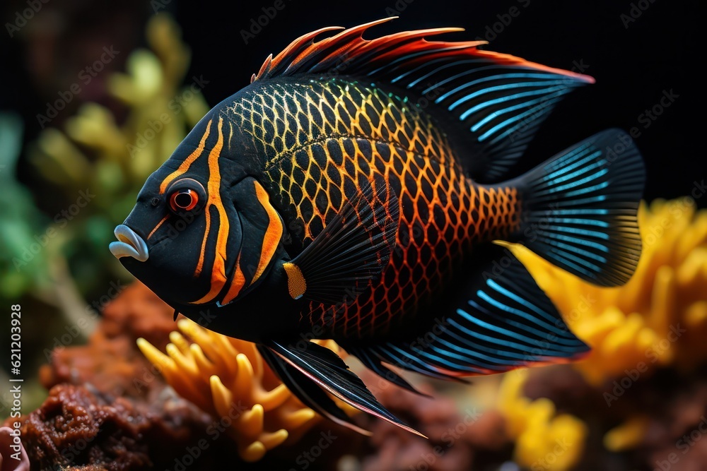 A close-up shot of a majestic angelfish swimming gracefully among the ...
