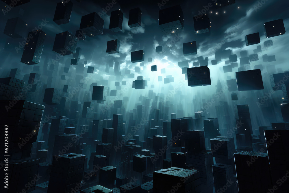 A artwork depicting a surreal cityscape with upside-down buildings ...