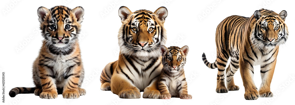 Set with a family of tigers. The little tiger sits. Mother tiger and ...