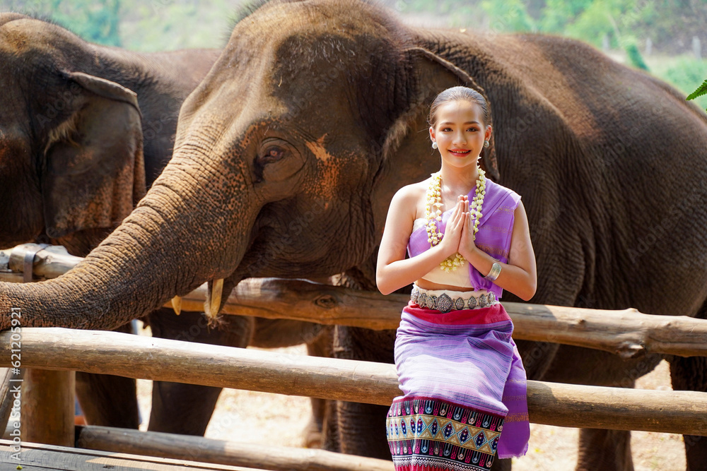 Portrait of Beautiful rural thai woman wear Thai northern traditional ...