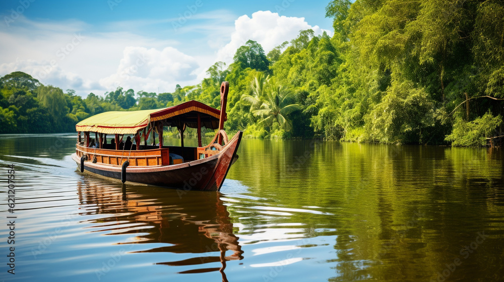 A traditional boat floating on a serene river, inviting visitors to ...